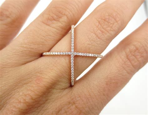 Micro Pave Diamond Criss Cross X Ring Band In 18k Rose Gold Etsy