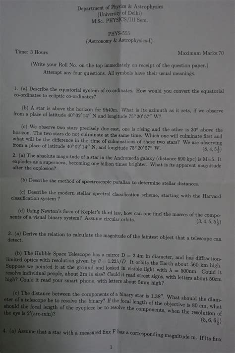 Astronomy And Astrophysics Theory I Question Paper [m Sc Physics Iii