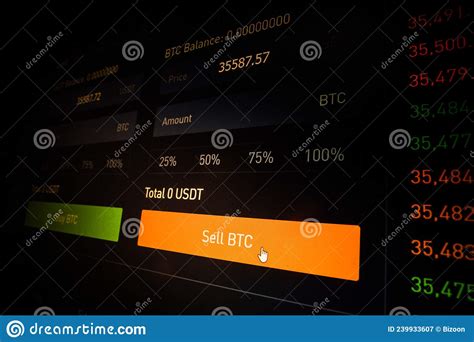 Computer Screen With The Mouse Cursor On The Sell Bitcoin Button Stock