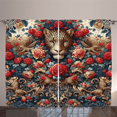 Ambesonne Curtains 2 Panel Set Rich Rococo Style Roses Dark Coral Caramel And Blue Wayfair