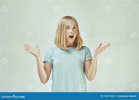 Beautiful Woman Looking Suprised Isolated On Gray Stock Image Image Of Background Girl 120377067