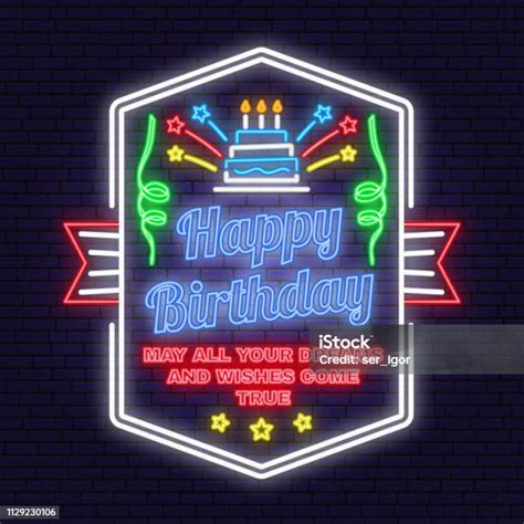 네온 사인 당신에 게 행복 한 생일입니다 5 월 당신의 모든 꿈과 소망 실현 생일 케이크 초를 가진 카드입니다 생일 축 하 엠 블 럼에 대 한 네온 디자인 벡터 밤 네온