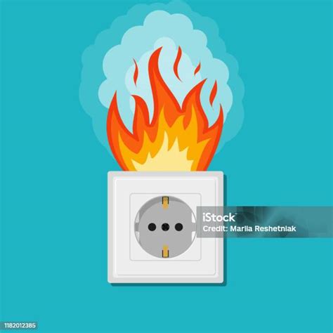 화재 소켓의 전기 배선 전기 안전 개념 콘센트를 불에 연결합니다 전기 충격 전력 평면 만화 스타일의 단락 전기 연결 과부하 벡터 만화에 대한 스톡 벡터 아트 및 기타 이미지