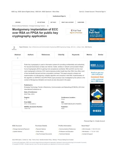 Pdf Montgomery Implantation Of Ecc Over Rsa On Fpga For Public Key