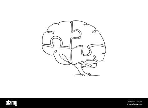 one single line drawing of human brain forming from pieces of puzzles logo identity