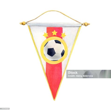 공을 흑백과 노란색 별이 있는 축구 페넌트의 수채화 그림 흰색 배경에 빨간색과 흰색 깃발 선이 그려져 있습니다 축구 팬을 위한 일러스트레이션 Championship에 대한