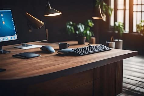 Premium Ai Image A Desk With A Keyboard Mouse And A Lamp