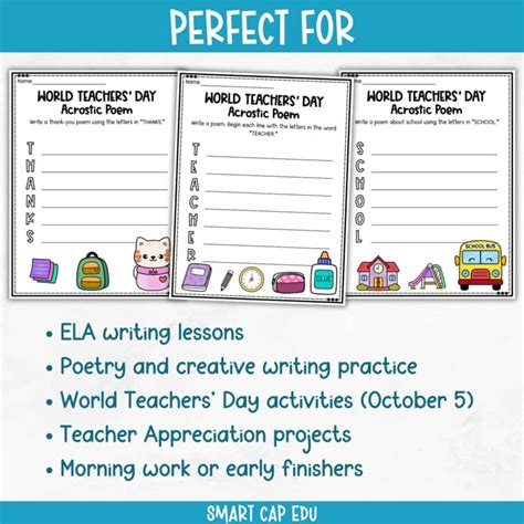 World Teachers Day Poetry Worksheets Acrostic Poem 2nd 5th Grade