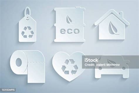 에코 친화적 인 마음 집 화장지 롤 잎 바이오 연료 배럴 및 태그 재활용 아이콘과 자동차 드라이브를 설정합니다 벡터 0명에 대한 스톡 벡터 아트 및 기타 이미지 Istock