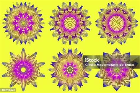 장식 원형 패턴의 집합입니다 성스러운 동양 만다라 색상 꽃 장식입니다 벡터 일러스트입니다 색칠 하기 책 인사말 카드 초대장 문신 옐로우 퍼플 컬러 0명에 대한 스톡 벡터