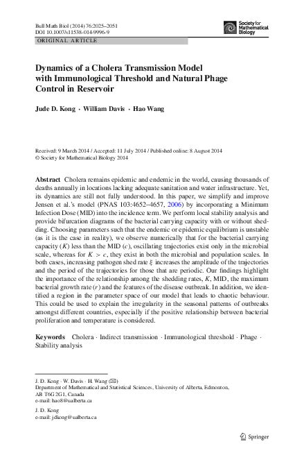 Pdf Dynamics Of A Cholera Transmission Model With Immunological Threshold And Natural Phage