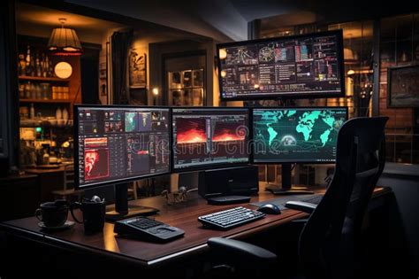 Triple Monitor Workstation Multi Faceted Data Analysis In Real Time Stock Illustration