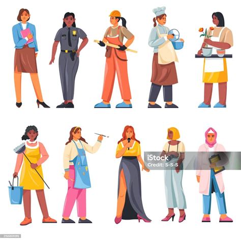 여성은 다양한 직업을 가지고 있습니다 여성 직업 여성 직업 캐릭터 전문 노동자 유니폼 숙녀 경력 빌더 교사 경찰 요리사 직업 최근 벡터 일러스트 레이 션 개념에 대한 스톡