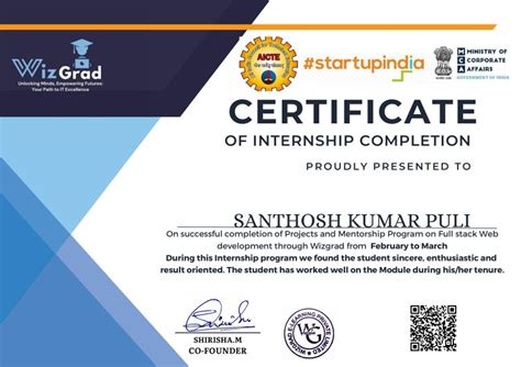Santhosh Kumar Puli On Linkedin Fullstackwebdevelopment Wizgrad Internshipcompletion