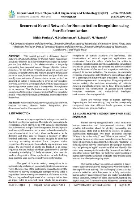 Irjet Recurrent Neural Network For Human Action Recognition Using Star Skeletonization Pdf