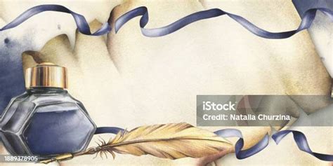 금색 필기 펜 리본 얼룩 및 튀는 파란색 잉크로 잉크 병 손으로 그린 수채화 그림입니다 프레임 종이 스크롤 배경에 있는 텍스트에 대한 수평 템플릿입니다 가입서에 대한 스톡