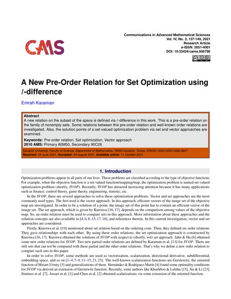 Pdf A New Pre Order Relation For Set Optimization Using L Difference