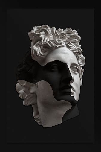 팝 아트 스타일로 인간의 얼굴의 석고 골동품 조각 콜라주 흑백고대 동상 머리를 가진 창조적 인 개념 이미지 진 문화 현대 미술 스타일 포스터 아폴로 흉상 조각상에 대한 스톡