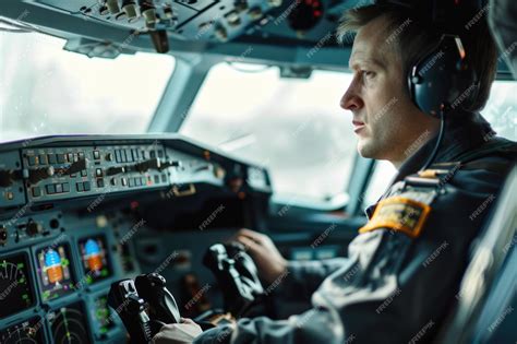 Pilot In Cockpit With Headphones Looking At Controls In Airplane During