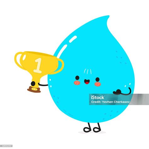 물방울은 금 트로피 컵을 담습니다 벡터 손으로 그린 만화 Kawaii 캐릭터 그림 아이콘입니다 흰색 배경에 격리되어 있습니다 우승 트로피 컵이 있는 물방울 물에 대한 스톡