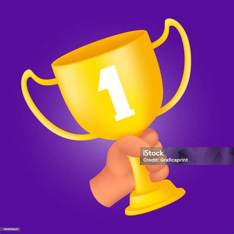 황금 트로피 컵을 들고 인간의 손 보라색 배경에서 고립 된 첫 번째 랭크 수상자 상의 3d 만화 스타일 벡터 일러스트 3차원 형태에 대한 스톡 벡터 아트 및 기타 이미지
