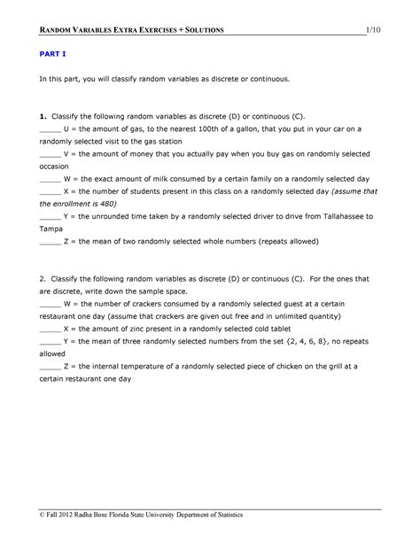 Random Variables Practice Problems Part I In This Part You Will