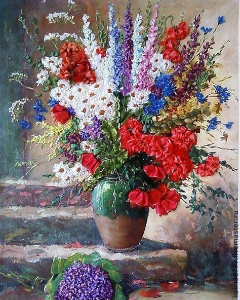 Картина вышитая лентами Летний букет Цветочное искусство Картины Букет