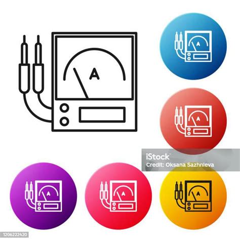 흰색 배경에 격리 된 검은 선 암페어 미터 멀티 미터 볼트 미터 아이콘 전류 측정을 위한 계측기 아이콘 다채로운 원 버튼을 설정합니다 벡터 일러스트레이션 계측기 교정에 대한