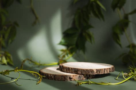 그림자와 어두운 녹색 배경에 프리젠 테이션 및 전시회를위한 자연 둥근 나무 스탠드 유기농 화장품을 위해 녹색 잎으로 3d 빈