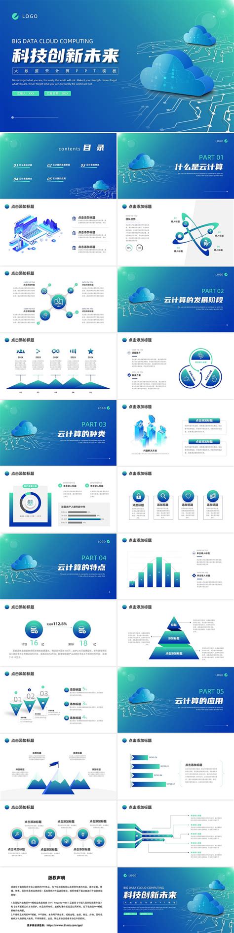 蓝色绿色渐变科技风大数据云计算ppt模板 包站长