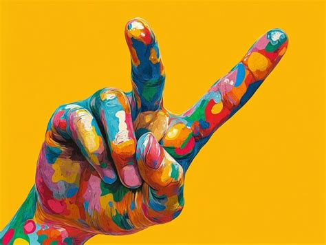 Colorful Hand Peace Sign Gesture On Yellow Background Premium Ai
