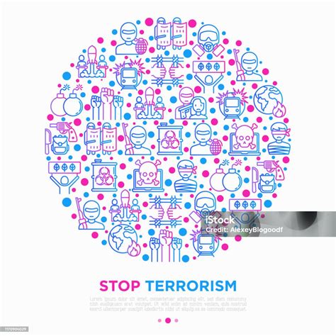 테러 시민 장애 국가 군대 인질 폭탄 사이버 공격 자살 폭격기 생물 테러 얇은 라인 아이콘원에서 테러 개념을 중지합니다 벡터 일러스트레이션 인쇄 용지 템플릿 살인에 대한