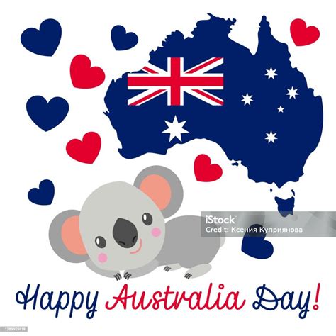 아기 코알라거짓말과 미소 플랫 만화 스타일 재미 있고 귀엽다 호주 국기 지도의 모양입니다 빨간색과 파란색 하트 1월 26일 엽서 및 포스터용 템플릿입니다 해피
