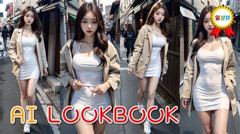 AI 룩북 골목길 베이지 자켓 흰색 원피스 코디 여자 모델 그림 YouTube