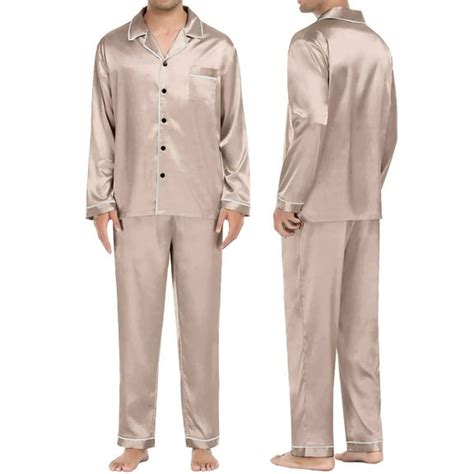 Kakii Mens Silk Pajamas Set Long Sleeve Satin Pajamas For Men Sleepwear Button Down Pjs Set Two