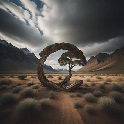 Desert Landscape With A Tree In The Middle Generative Ai Stock Illustration Illustration Of