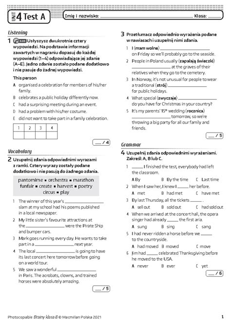 Brainy Kl8 Unit Test 4 B Test UNIT 4 Test B 1 Listening 1 3