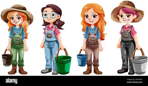 Set Of Farmer Girl Cartoon Character Illustration Stock Vector Image