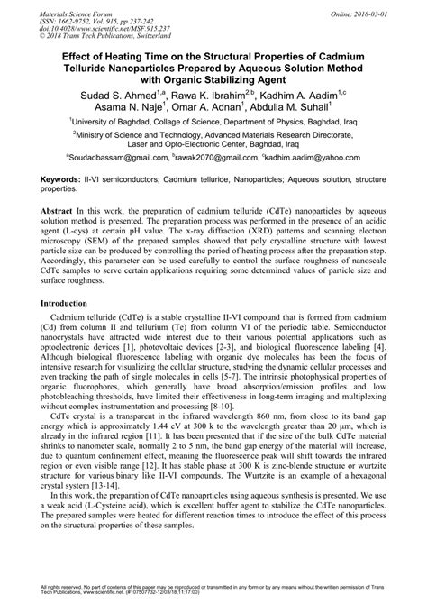 Pdf Effect Of Heating Time On The Structural Properties Of Cadmium Telluride Nanoparticles