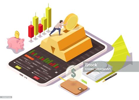 주식 시장 은행 예금 휴대 전화에서 금 고착 벡터 등색 일러스트에 돈을 투자하는 사업가 3차원 형태에 대한 스톡 벡터 아트 및
