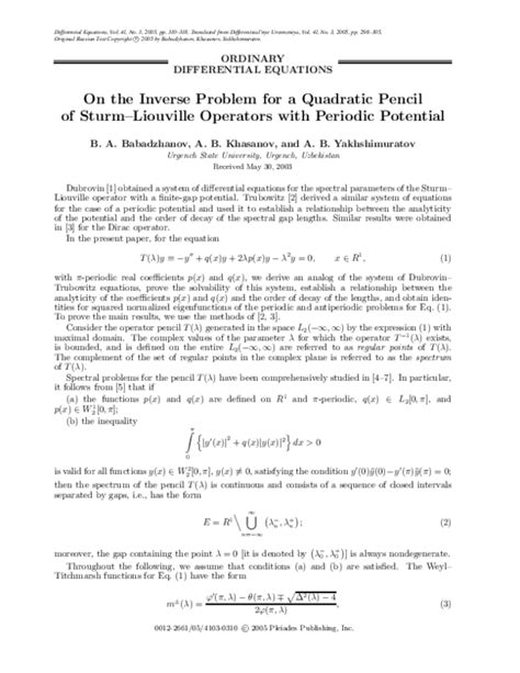 Pdf On The Inverse Problem For A Quadratic Pencil Of Sturm Liouville Operators With Periodic