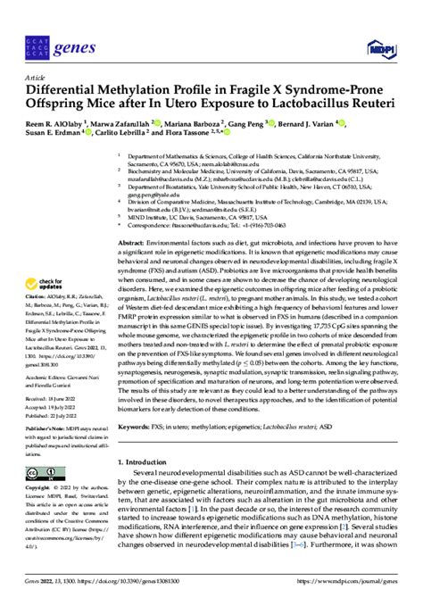 Pdf Differential Methylation Profile In Fragile X Syndrome Prone Offspring Mice After In Utero