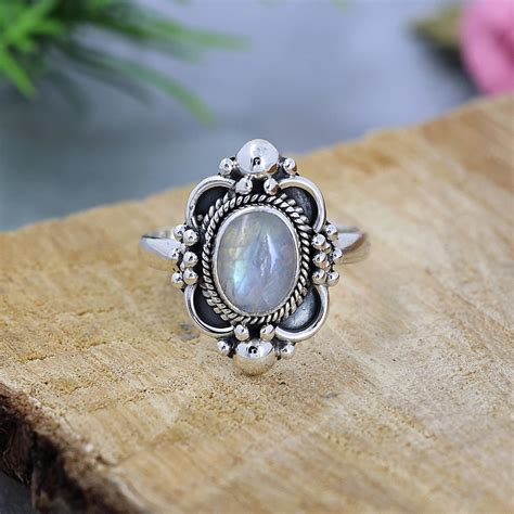 Rainbow Moonstone Ring Sterling Silver Boho Statement Jewelry Etsy