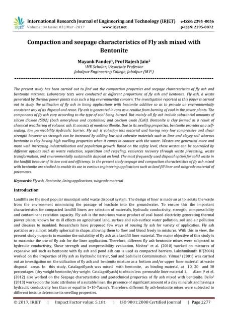 Compaction And Seepage Characteristics Of Fly Ash Mixed With Bentonite