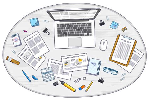 테이블에 그래프와 데이터 및 문구 개체가 있는 Pc 노트북 및 분석 용지가 있는 업무 데스크 워크스페이스 상단 보기 모든 요소는 따로 사용하거나 그림을 재구성하기 쉽습니다