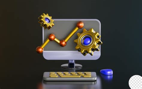 Premium Psd Computer Monitor With Mouse Keyboard Gear Sign On Dark Background 3d Render