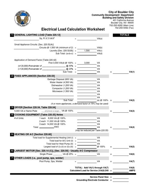Electrical Load Calculation Worksheet 1 Totals Home Appliance Air Conditioning