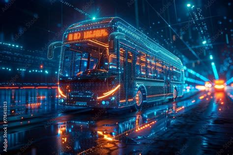 Digital Smart Bus With Glowing Data Streams Artificial Intelligence In Public Transportation