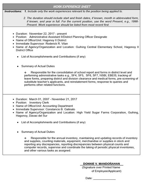 Cs Form No 212 Work Experience Sheet Pdf Business