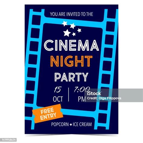 배경에 영화 필름 스트립이있는 영화 야간 파티 프로모션 배너 또는 초대장 카드 0명에 대한 스톡 벡터 아트 및 기타 이미지 0명 광고 디자인 Istock